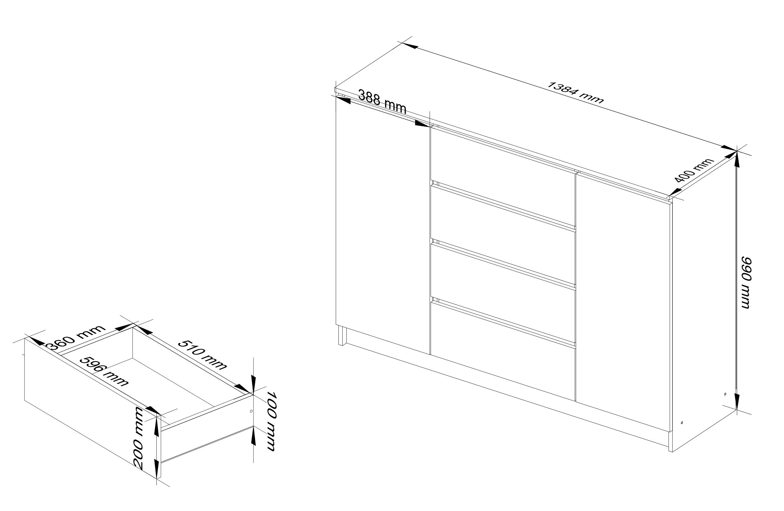 Commode akord k140 chêne artisan 138 cm 2 portes 4 tiroirs façade gris ...