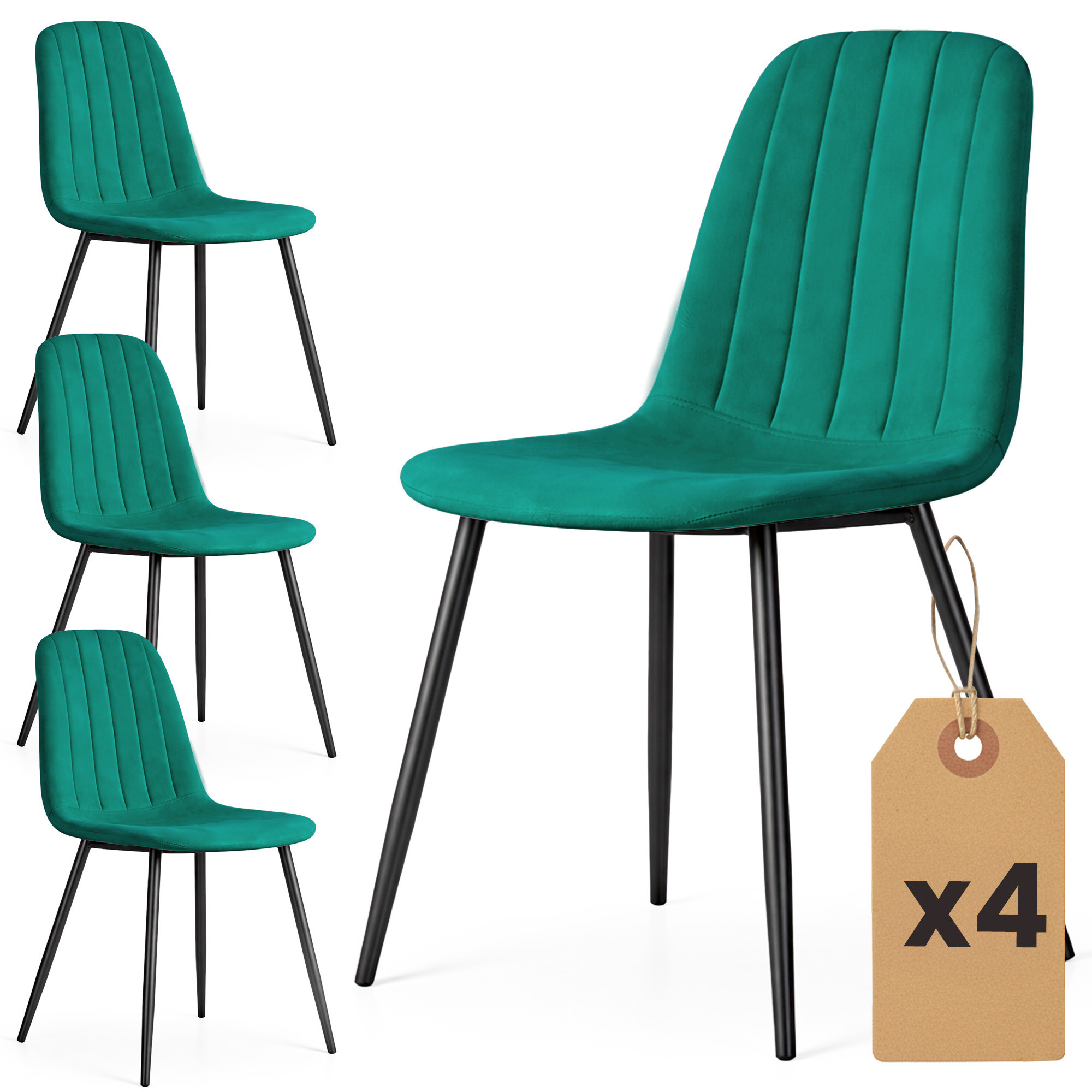 Lot de 4 Chaises en velours matelassées LUMO Vert Bouteille pieds noirs